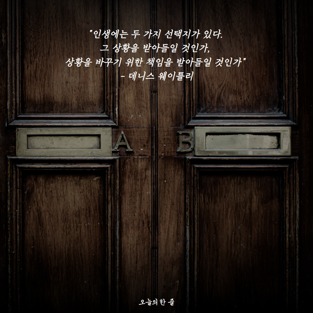 오늘의 명언 인생에는 두 가지 선택지가 있다 그 상황을 받아들일 것인가 상황을 바꾸기 위한 책임을 받아들일 것인가
